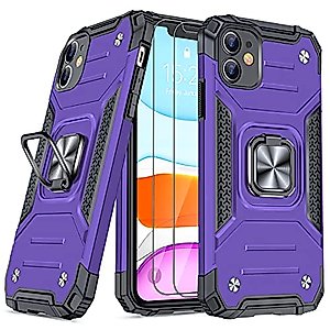 JAME Designed for iPhone 11 Case with Screen Protector 2PCS, Military-Grade Drop Protection, Protective Phone Cases, with Ring Kickstand Shockproof Bumper Case for iPhone 11 6.1 Inch Purple