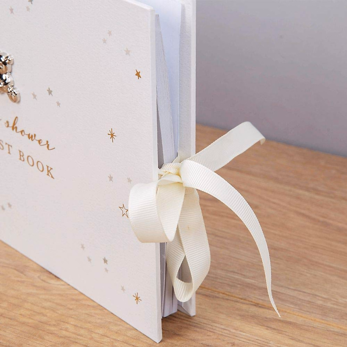 Happy Homewares White Baby Shower Guest Book with Cream Ribbon and Silver and Gold Stars
