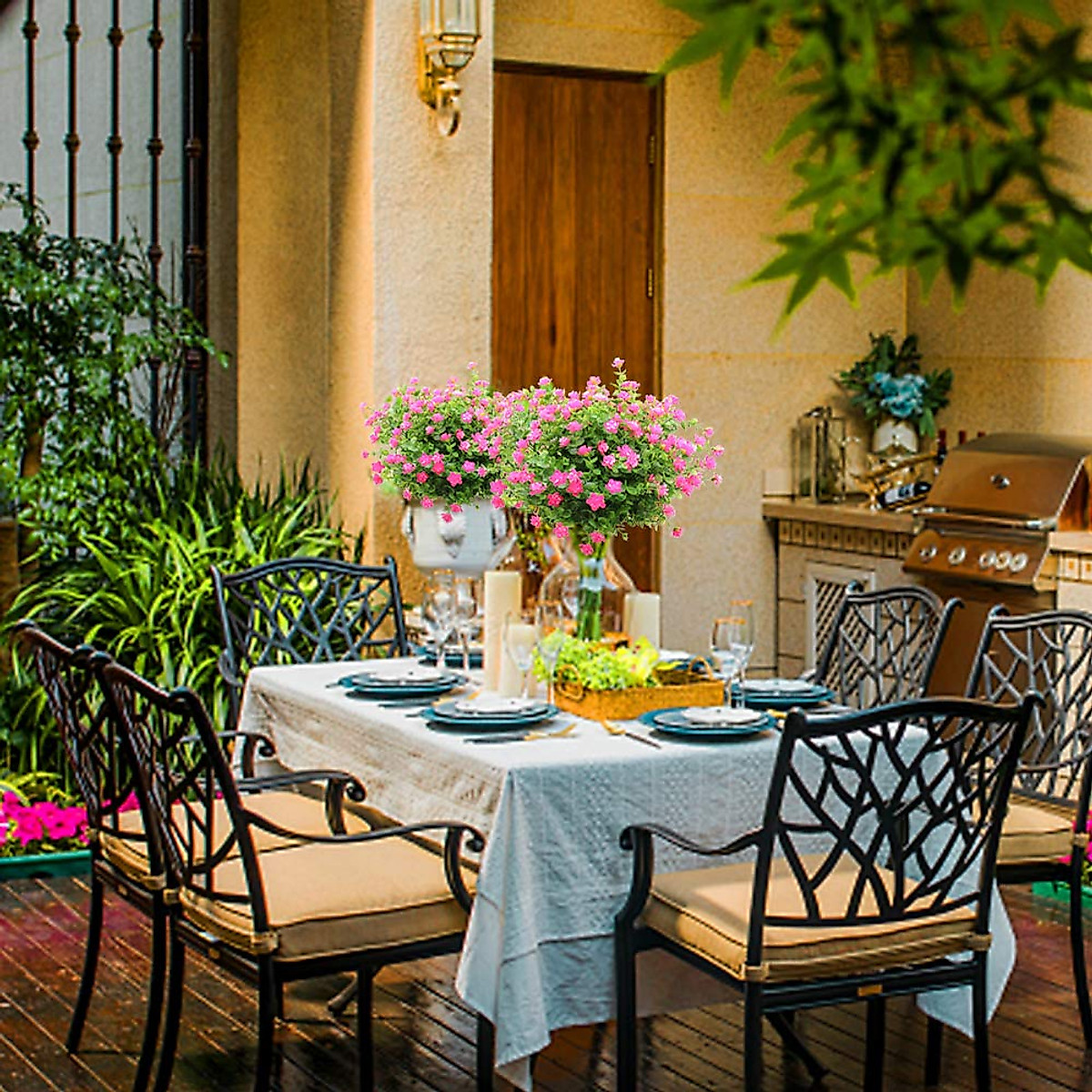 GKONGU Artificial Flowers, 4 Bundles Fake Eucalyptus UV Resistant Flowers Plastic Lotus Flowers Bouquets Greenery Shrubs Plants for Indoor and Outdoor Garden Porch Patio Office Home Decoration