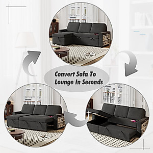 CAPCAEK 85.8" L-Shaped Couch Convertible with Storage Racks & USB Ports, Pull Out Sleeper Sofa Pull-Out Bed, 3 Seater Linen Fabric Convertible Corner Sofa&Couches for Living Room, Apartment (Black)