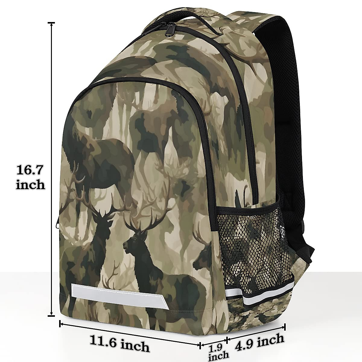 Funky Qiu Military Camo Camouflage Deer Backpack for Men Women Lightweight Laptop College School Bookbag Casual Daypack for Travel Hiking Camping with Reflective Strip