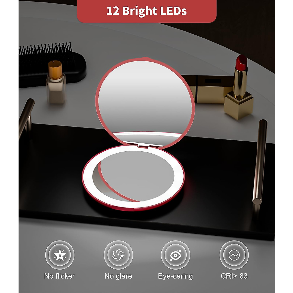 wobsion Travel Compact Mirror,Portable 1x/10x LED Makeup Mirror with Magnification,Handheld 2-Sided Pocket Mirror, 3.5in Small Mirror for Purse,Handbag,Gift,Wine Red