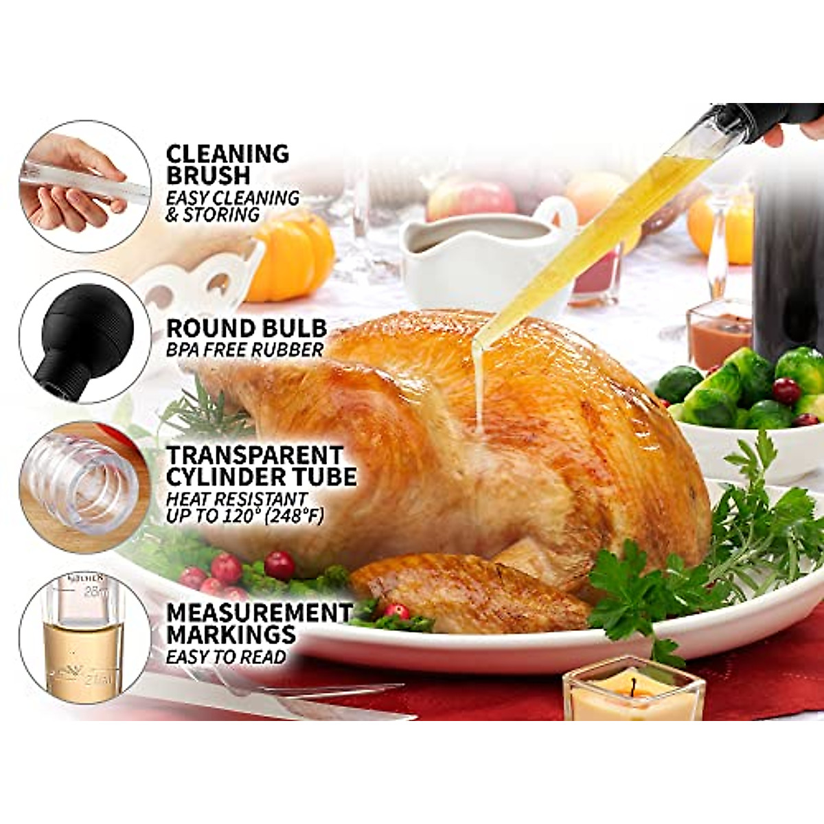 Zulay (Large) Turkey Baster With Cleaning Brush - Food Grade Syringe Baster For Cooking & Basting With Detachable Round Bulb - Ideal For Butter Drippings, Glazes, Roasting Juices for Poultry (Black)