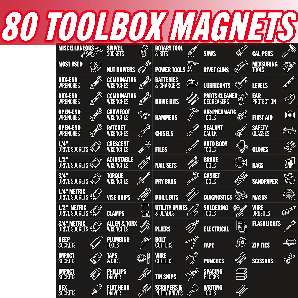 Toolbox Organization Magnetic Labels-80 Large Tool Chest Organizer Labels-Strong Magnets-Fits All Brands of Steel Tool Box Drawers(Black 3.125x1.0 in)