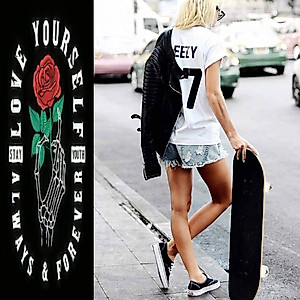 Classic Concave Skateboard Skeleton Hand Holding a red Rose Vector Illustration for t Shirt and Longboard Maple Deck Extreme Sports and Outdoors Double Kick Trick for Beginners and Professionals