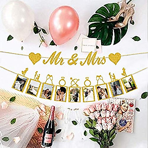Wedding Decorations,Mr & Mrs Banner and Photo Banner with Picture Card Frames for Wedding/Engagement/Anniversary Party Decorations(Gold Glitter)