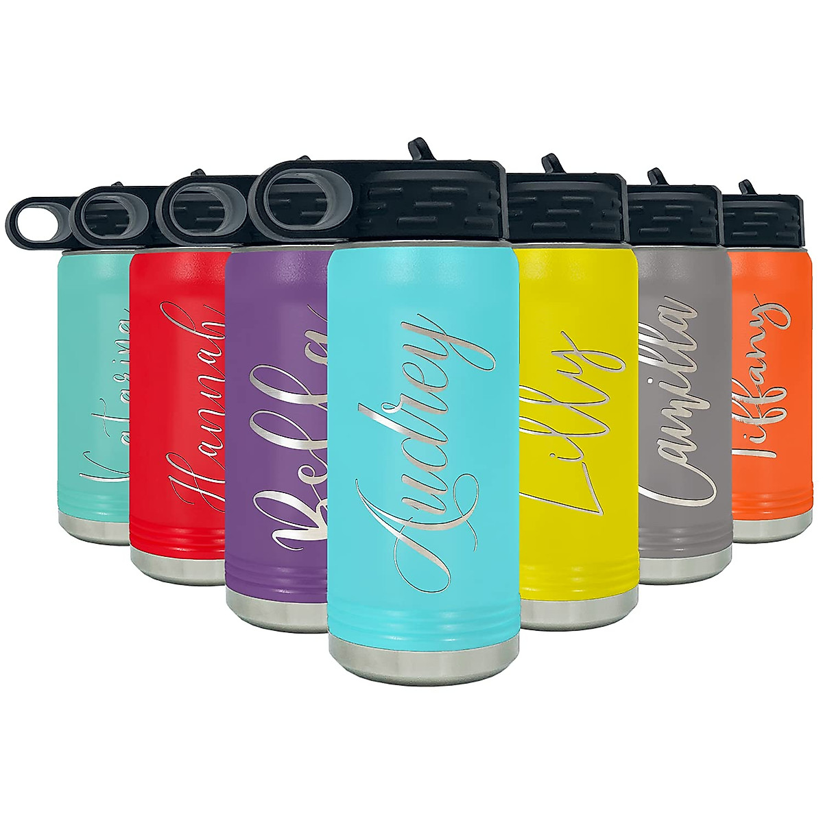 Personalized Bottle 20 oz with Straw Lite Blue Custom Laser Engraved Stainless Steel Vacuum Insulated Sport Bottle with Name