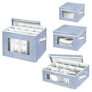 China Storage Containers,Wine Glass Mug Plate Dish Stemware Storage Box with Dividers,Hard Shell Dinnerware Case with 24 Felt Protectors for Crystal Glassware,Coffee Cup,Bowl Packing & Moving (Blue)