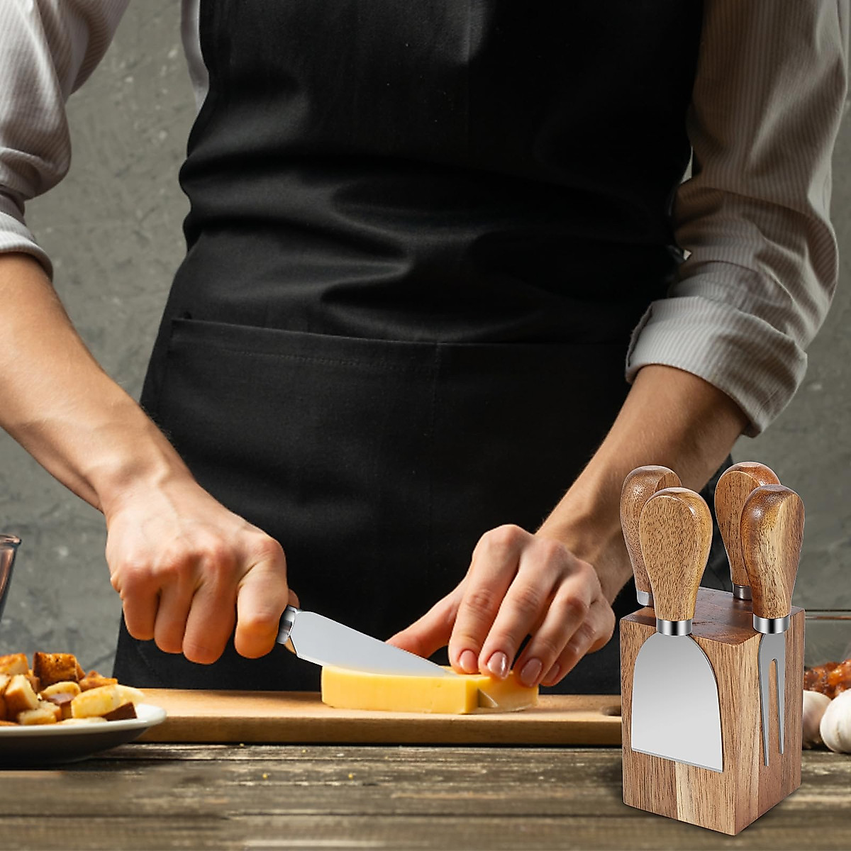 Wekvgz Cheese Knife Set, 4 Small Stainless Steel Charcuterie Board Utensils with Magnetic Acacia Wood Holder, Cheese Cutter Set (A)