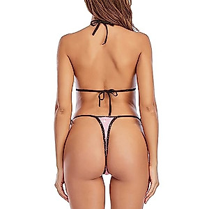 BRUOR Women Sexy Brazilian Sequin String Triangle Thong Bikini Bathing Suits Swimsuits Trikini Sparkle Rhinestone 2Pcs Pink