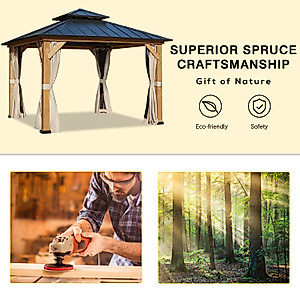MELLCOM 11' x 11' Outdoor Cedar Wood Gazebo, Hardtop Wooden Frame Gazebo with Double Metal Roof, Solid Cedar Frame Gazebo with Privacy Curtains and Mosquito Nettings for Patios, Gardens, Backyards