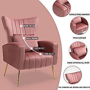 WQSLHX Living Room Chairs Set of 2 with Lumbar Pillow, Velvet Accent Chair with High Back Mid Century Armchair for Bedroom with Armrest, Arm Chair with Golden Metal Legs, Pink