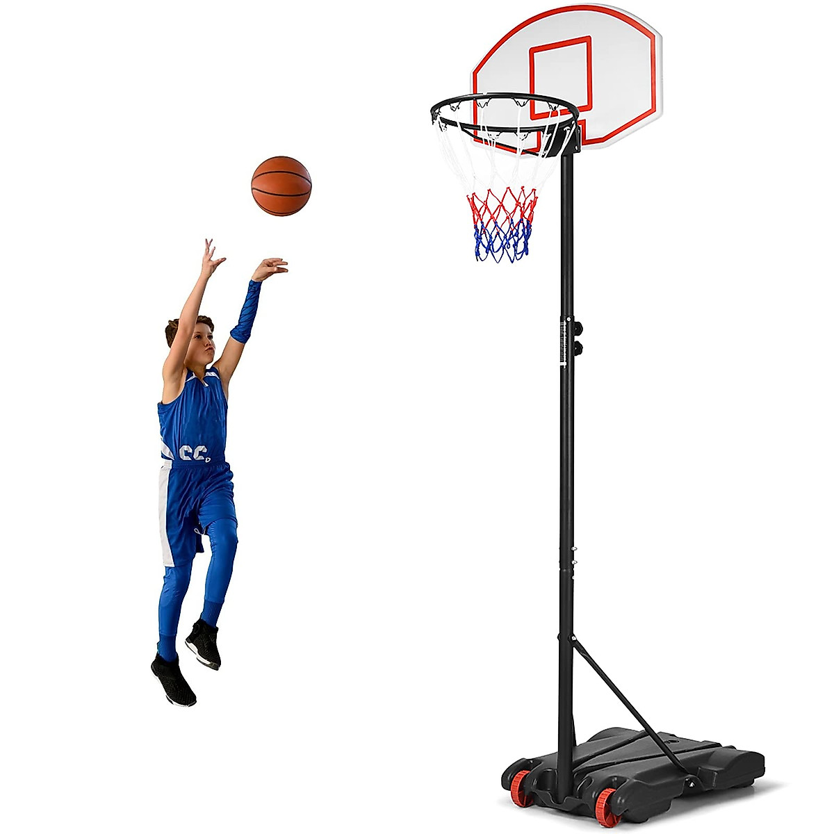 GYMAX Basketball Hoop, 7.1-8.1FT Adjustable Portable Basketball Goal w/Shatterproof Backboard, 2 Wheels & Nets, Indoor/Outdoor Basketball Hoop Stand System for Kids, Teens, Adult, Gym, Driveway