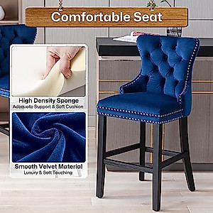 GOOLON Bar Stools Set of 2, Velvet 26 Inch Seat Height Counter Height Barstools Button Tufted Backrest, Rivet Trim Bar Chairs for Kitchen Island Mid-Century Metal Pull Ring Wood Frame Legs, Blue