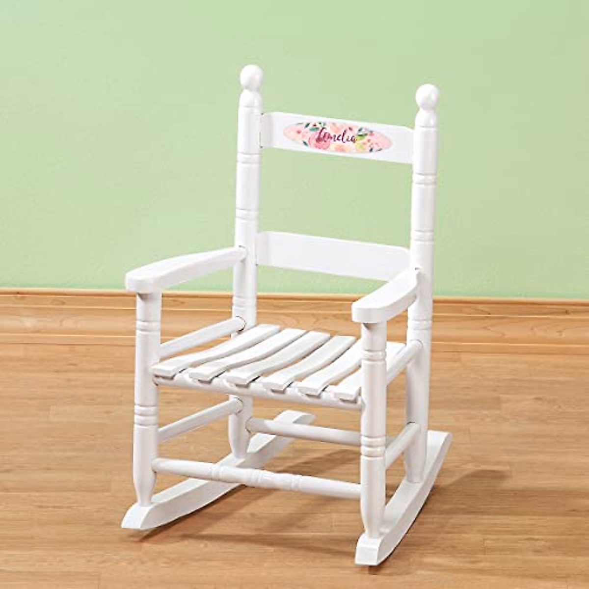 Personalized Watercolor Floral Children's Rocking Chair, Durable Wood - Measures 14 1/2" Wide x 11 1/2" Deep; 22 1/2" Overall Height, White Font