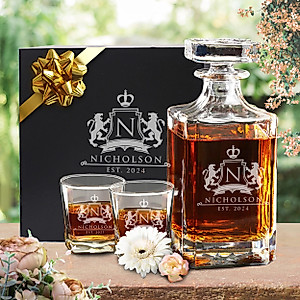 The Wedding Party Store, Customized Whiskey Decanter and Glasses Set - Custom Engraved and Personalized with Lion Design