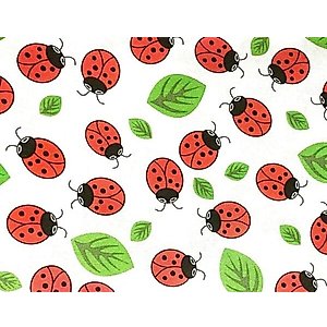 FlashPhoenix Quality Sewing Fabric - Fat Quarter 18 x 21 Inch Fabric Ladybugs, Leaves ON White Background 100% Cotton Lady Bug FQ