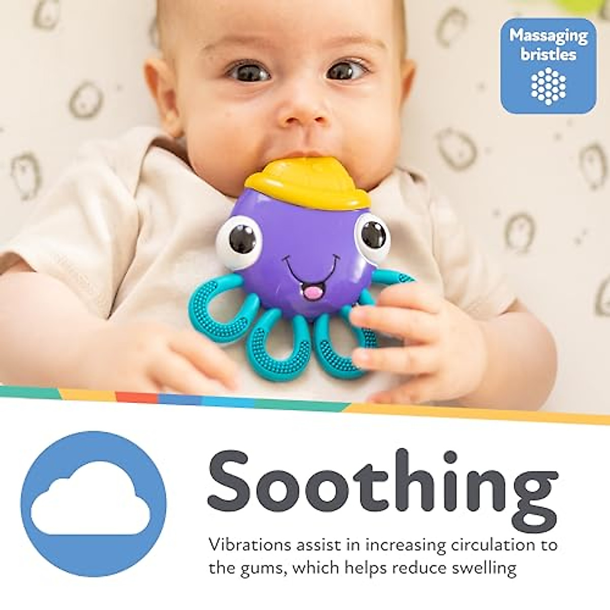 Nuby Vibe-eez Vibrating Teether - Battery Powered - Textured Surface and Easy to Grasp Toy for Baby Teething Relief - 3+ Months - Octopus