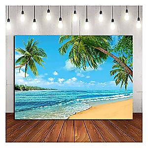 Summer Tropical Hawaii Palm Tree Or Beach Photography Backdrops 7X5FT Blue Sea Sky Sunshine Luau Party Photo Background Wedding Bride Shower Baby Birthday Party Banner Supplies Props Vinyl