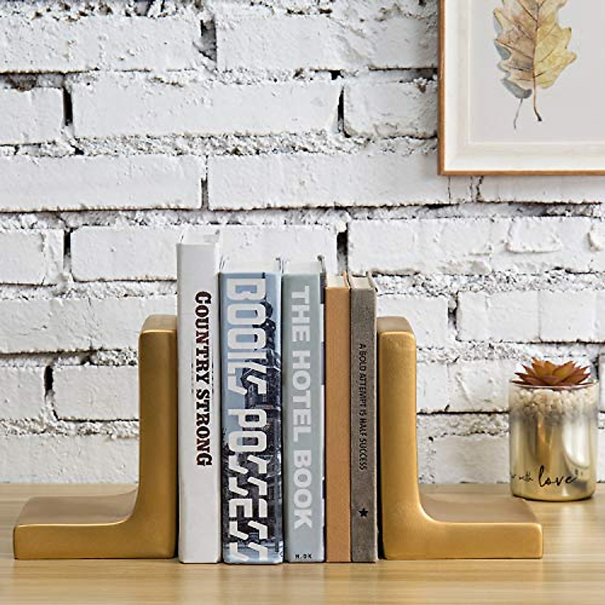 MyGift Modern Gold Concrete Office Bookshelf Decor Bookends for Heavy Book and Textbooks, Desktop Book Holder, 1 Pair
