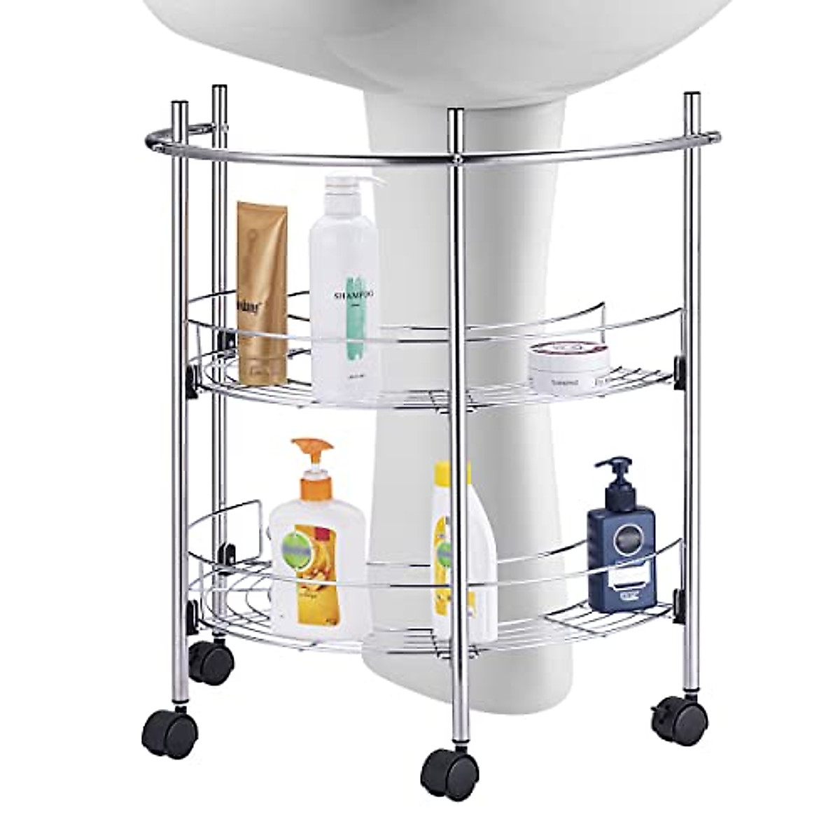 L&H Unico Under The Sink Organizer Pedestal Storage Rack Stand with 2 Tier Shelves Hand Towel Bar for Bathroom Kitchen,Stainless Steel,Chrome