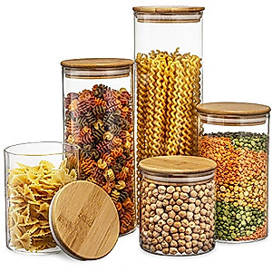 Sugar Packet holder Canister Set of 5, Glass Kitchen Canisters with Airtight Bamboo Lid, Glass Storage Jars for Kitchen, Bathroom and Pantry Organization Ideal for Flour, Sugar, Coffee, Cookie Jar, Candy, Snack and More