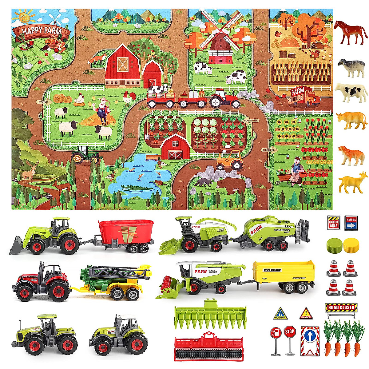 Oriate Farm Tractor Toys Vehicle with Farm Animals & Activity Play Mat, 38Pcs Educational Realistic Kid's DIY Farm Diecast Set, Kids Tractors Trailer Sprayer Cow Animal Toy Birthday Gift