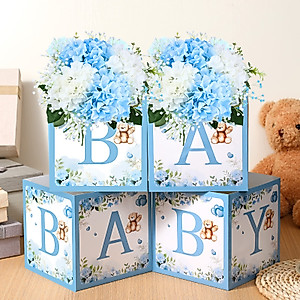 Bucherry 6 Pcs Baby Shower Party Decorations Baby Flower Boxes Centerpiece Rustic Table Display with Letters Gender Reveal Party Favor Block Holder(Blue,Blue Bear)