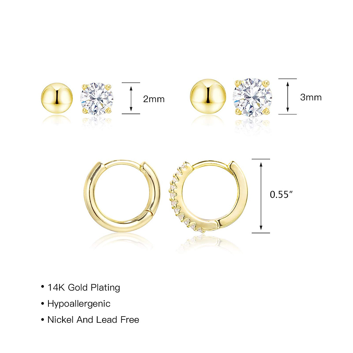 Earring Sets for Multiple Piercing | 14K Gold Plated Studs Earrings and Hoops Set Hypoallergenic Small Hoop CZ Ball Studs Earrings for Women Trendy（6 Pairs）