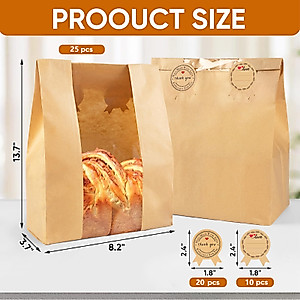 KEQ Bread Bags for Homemade Bread-Paper Bread Bag with Window-50 Pcs Sourdough Bread Bags with 60 Cute(10 Write-On) Sealing Stickers-Large Bakery Bags for Home Bakers & Bakery Owners