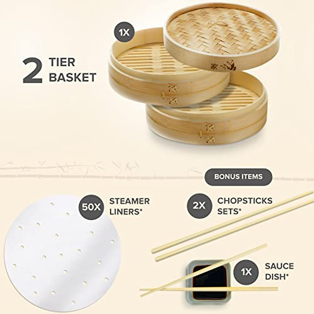 Prime Home Direct Bamboo Steamer Basket 10-inch | 2-Tier Steamer for Cooking | 50 Liners, Chopsticks & Sauce Dish | Dumpling Steamer, Food Steamer Baskets for Cooking - Rice & Vegetable Steamer Pot