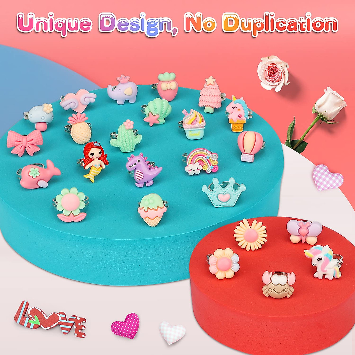 Nicmore Adjustable Rings Gift for Girl: Jewelry Rings for 3 4 5 6 7 8 9 10 11 12 Years Old Girl Gifts | 24PCS in Box Cute Ring Toys for Toddlers Pretend Play and Dress Up No Duplication