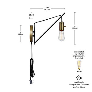 Globe Electric 51343 1-Light Plug-in or Hardwire Wall Sconce, Bronze Finish, Brass Accents, 6ft Black Woven Fabric Cord, Flat Plug, Socket Rotary On/Off Switch