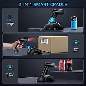 TEEMI Bluetooth Barcode Scanner with USB Charging Cradle Data Receiver, 1D 2D QR Wireless Imager with Vibration Alert for iOS Android Devices, BT 5.0 Longer Transfer Range, Handsfree Screen Scanning