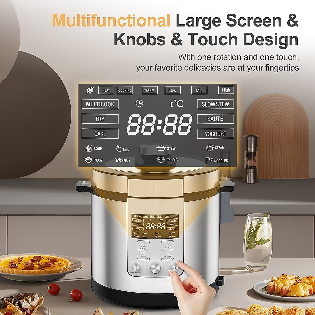 GIHETKUT 14-in-1 Electric Pressure Cooker, 6.3 Quart Multi Cooker, Rice Slow Cooker with Knob, Steamer, Sauté, Yogurt Maker, Cake Maker, Warmer & Sterilizer, Stainless Steel