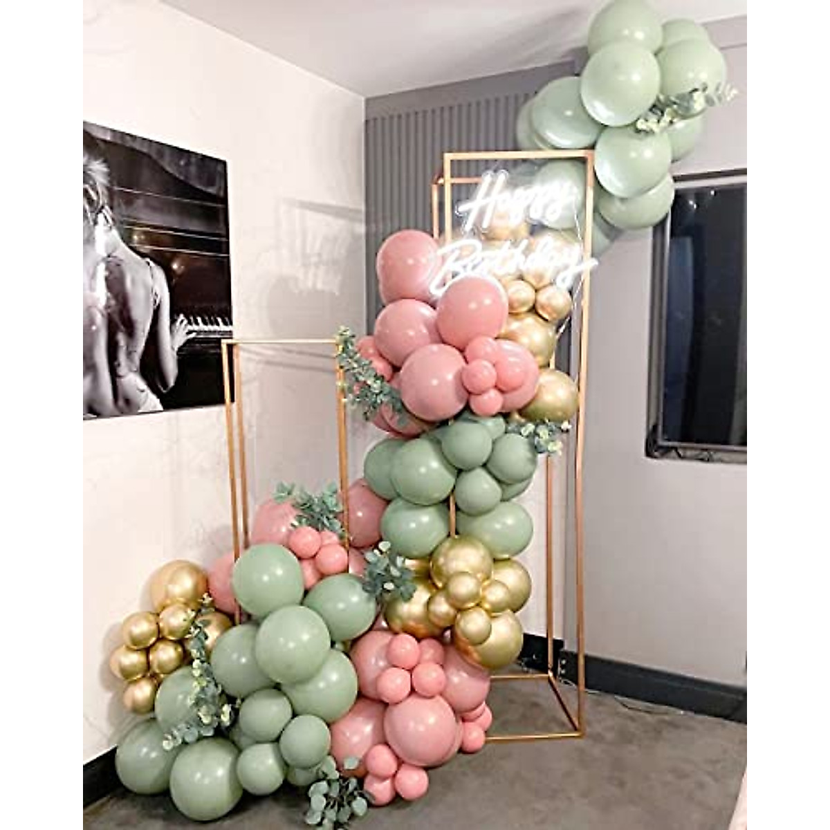 124PCS Sage Olive Green Blush Pink Peach Balloons Balloon Garland Arch Kit, Artificial Vines Eucalyptus Garland, Safari Wild One Green Baby Shower Birthday Balloons Party Decorations for Boys Girls