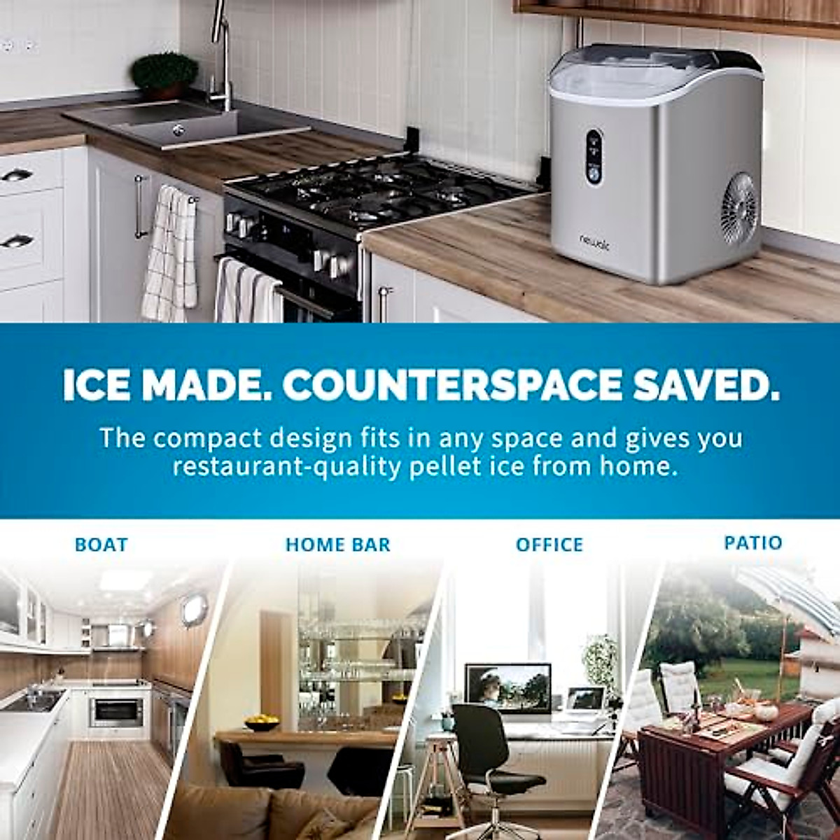 Newair Nugget Countertop Ice Maker Machine | 26 lbs. | Sonic Ice Maker in Stainless Steel, Self-Cleaning Function, Refillable Water Tank, Perfect Canes Ice for Kitchens, Offices, Home Coffee Bars