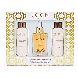Joon Moisturizing Travel Size Gift Set | Saffron Hair Elixir (1.11 fl oz), Saffron Rose Shampoo (2 fl oz) and Conditioner (2 fl oz)