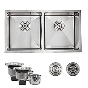 Strictly Sinks 32 Inch Double Bowl Kitchen Sink - Undermount Kitchen Sink Tight Radius 50/50 Double Bowl with Sound Dampening Rubber Pads, 2 Strainer Drains Only