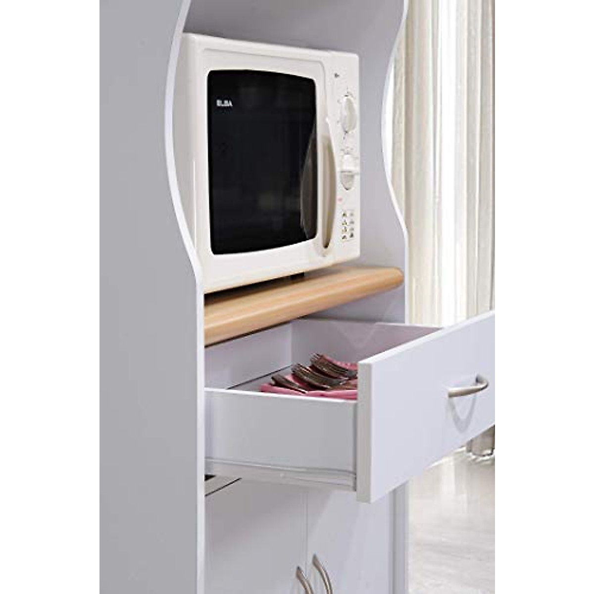 HODEDAH IMPORT Microwave Cart with One Drawer, Two Doors, and Shelf for Storage, White