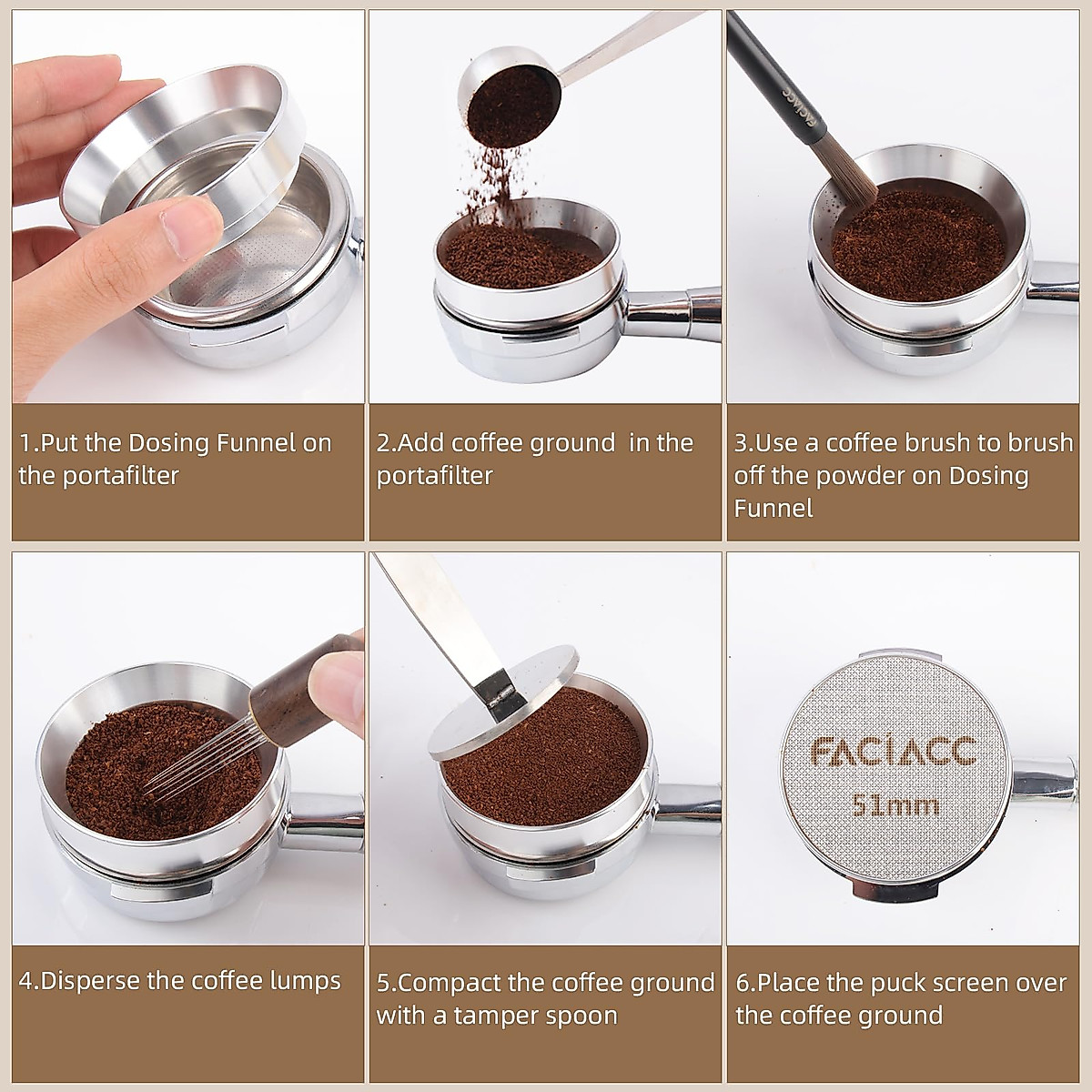 FACIACC 51mm Espresso Accessories Kit, Wdt Tool espresso, Dosing Funnel & Puck Screen Kit, 2 in 1 51mm Espresso Tamper & Coffee Spoon, Barista Kit, Espresso kit Stainless Steel 8pin Espresso Stirrer