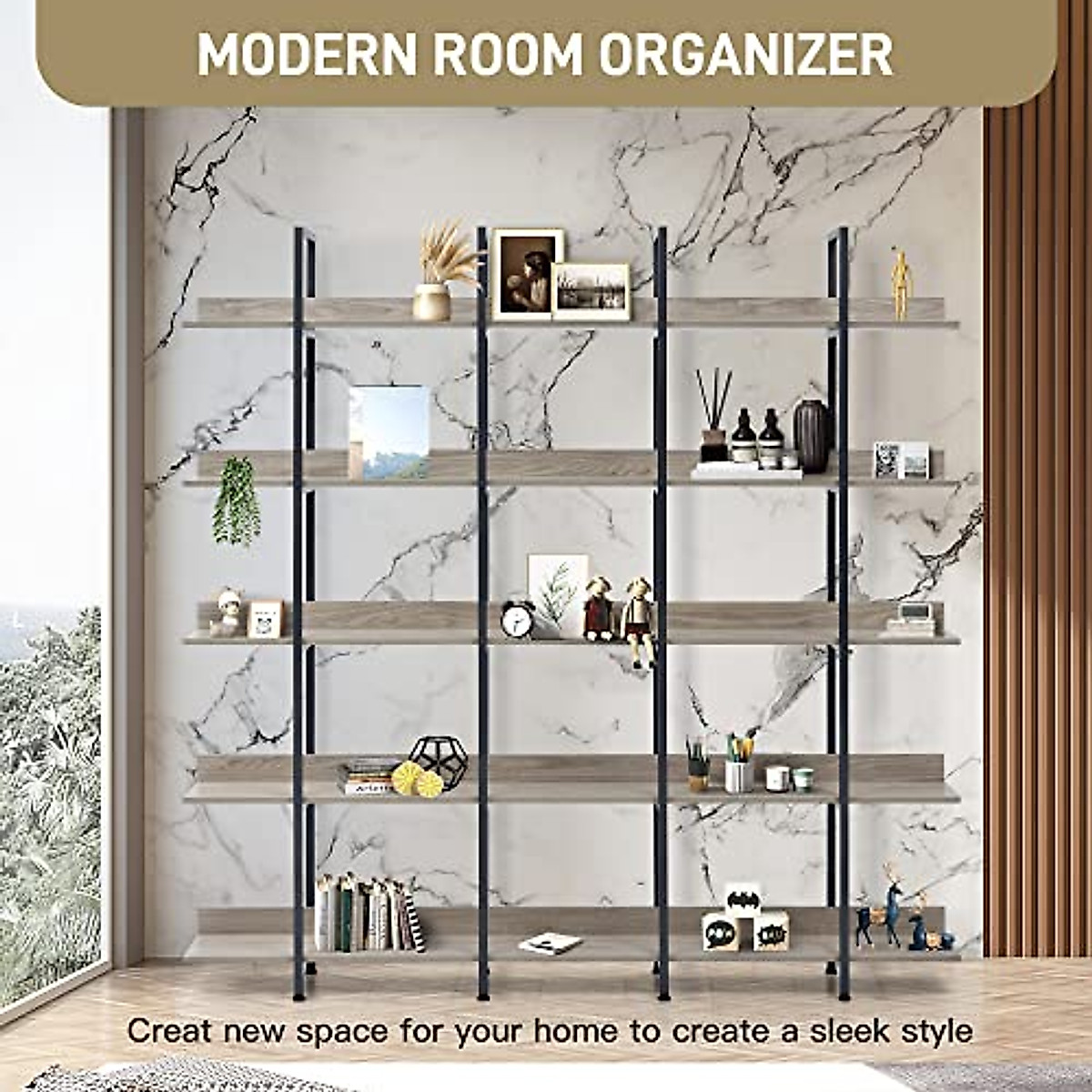 5 Tier Industrial Bookshelf, Triple Wide Wood Bookshelf with Metal Frame, Rustic Etagere Bookcase with Back Panel, Vintage Storage Rack with Open Shelves for Living Room, Bedroom, Study, Black&Gray