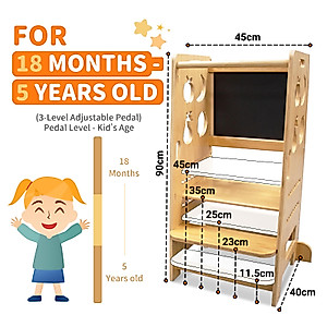 Wooden Brown 1-3 Toddler Tower Kitchen Helper,Height Adjustable Learning Standing Tower with Black and White Activity Board & Safety Net Perfect for Kitchen, Bathroom and Bedroom Children Step Stool