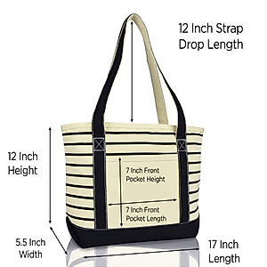 DALIX Small Stripe Tote Deluxe Shoulder Bag Cotton Canvas in Black