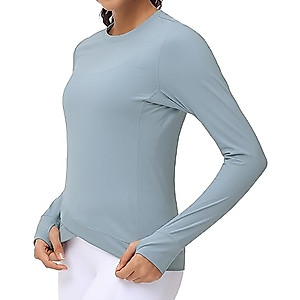 Women's Long Sleeve Compression Shirts Workout Tops Cross Hem Athletic Running Yoga T-Shirts with Thumb Hole Denim Blue