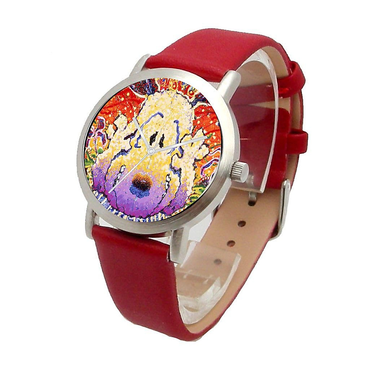 RICH Snoopy by Everhart Featuring Tom Everhart's Image of Snoopy in Nobody Barks in L.A. On The Unisex Size Brushed Chrome Watch with A Red Leather Strap