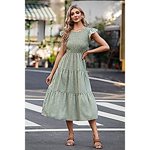 Hount Smocked Bohemian Dresses for Women Plus Size Casual Flowing Summer Modest Beach Dress with Pockets (FL1,XL)