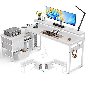 AODK 70 Inch L Shaped Computer Desk with Power Outlets & USB Charging Ports, Reversible L-Shaped Corner Desk with Drawers & Monitor Stand, Home Office Workstation with Storage Cabinet, White