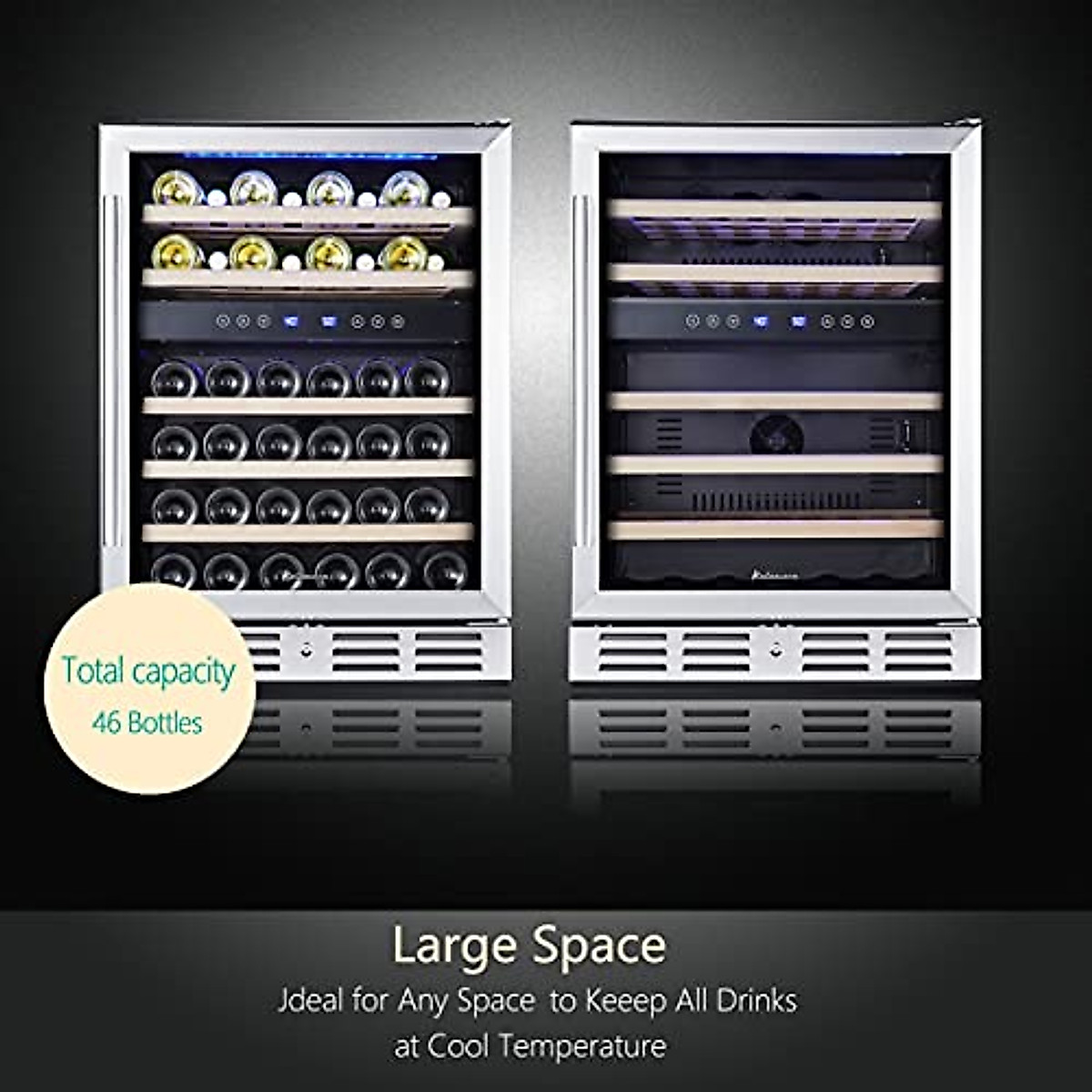 Kalamera 24'' Wine Cooler Refrigerator 46 Bottle Dual Zone Built-in or Freestanding Fridge with Stainless Steel & Triple-Layer Tempered Reversible Glass Door and Temperature Memory Function