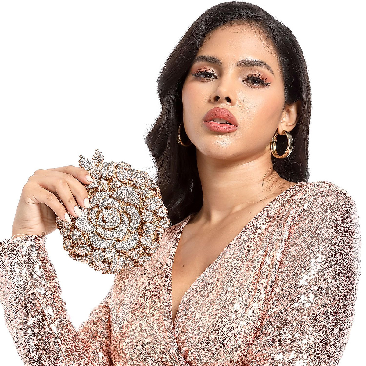 Boutique De FGG Round Rose Flower Purple Crystal Clutch Purses Women Formal Evening Bags Wedding Party Rhinestone Handbags